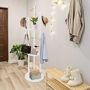 XIDIHF Freestanding Coat Rack with 9 Hooks & 3 Storage Shelves, Wooden Hat Rack Stand for Entryway, Hallway & Bedroom – Ideal for Hanging Clothes, Hats, Bags, Keys, White