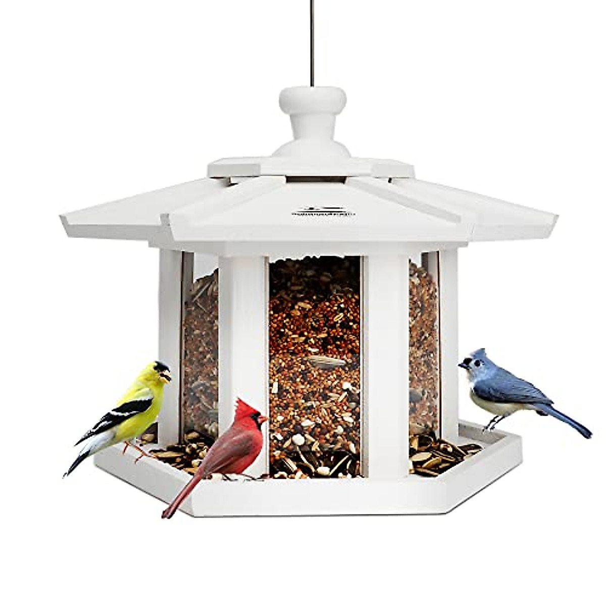 Solution4Patio White Wood Hexagon Gazebo Bird Feeder Hollow Mesh Tray, Large Capacity, Easy to Clean & Fill, 11.4" Dia. X 8.7" H #G-B121B00-US