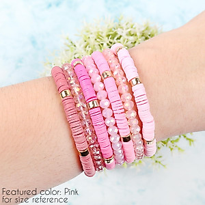 RIAH FASHION Bohemian Multi-Layer Beaded Stacking Statement Bracelets - Versatile Stretch Sparkly Crystal Beads Wrap Slip-on Bangle Set (Sparkly & Coin Bead Ombre 7 Layer - Pink)