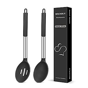 2 Pcs Silicone Cooking Spoons, Solid and Slotted Spoon Set, Non-Stick BPA Free Heat-Resistant Basting Kitchenware for Soup, Serving, Draining, Stirring（Black）