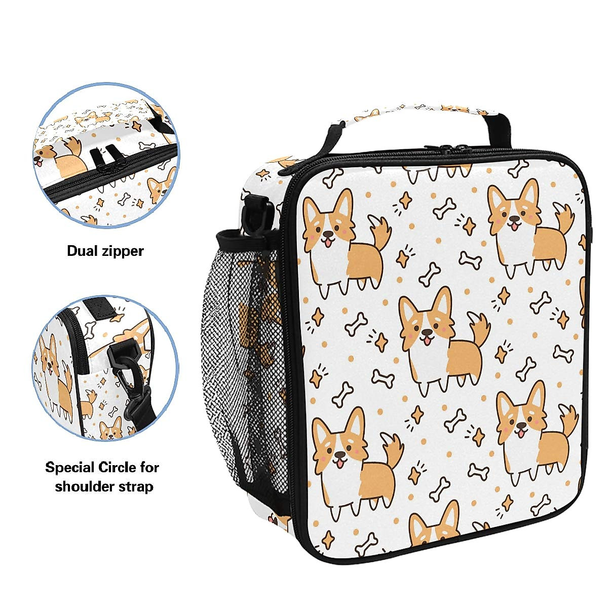 Pfrewn Corgi Dog Lunch Box Yellow Puppies Insulated Lunch Bag Cute Star Dogs Bone Reusable Cooler Meal Prep Bags Lunch Tote with Shoulder Strap for Office Adults School Kids Girls Boys Teens