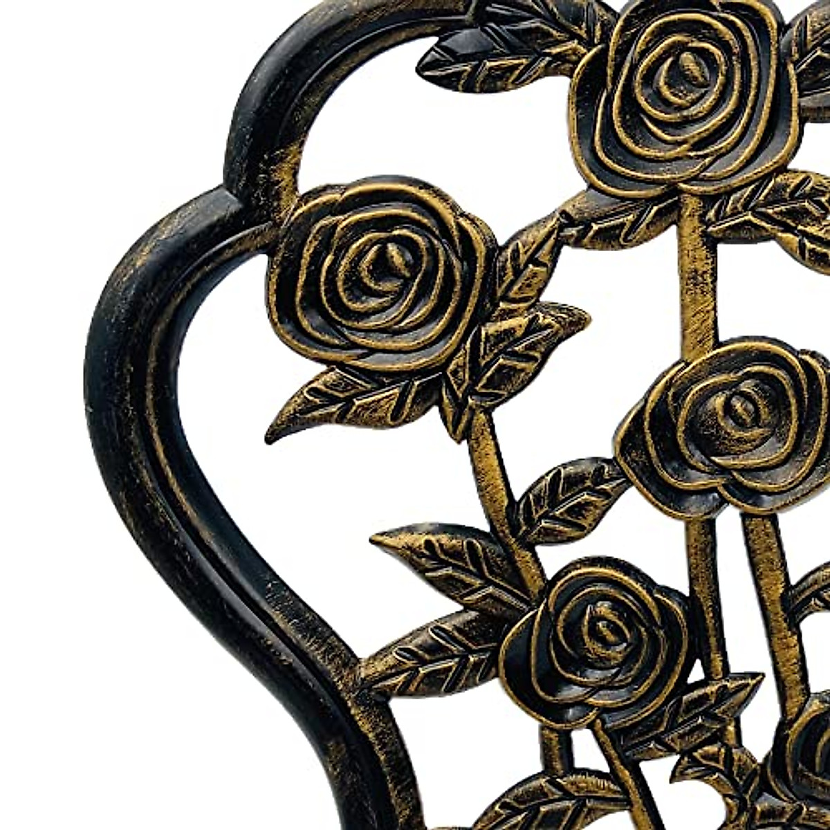 KAI LI 4-Piece Balcony Tables and Chairs, 1 Table, 2 Round Chairs and 1 Bench, Metal cast Aluminum, Bistro Suit, Garden Bench, Rose Pattern (Bronzed)