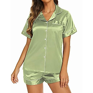 Ekouaer Womens Satin Silk Pajamas Set Short Sleeve Button Down Top and Shorts Sleepwear 2 Piece Pjs Set,Aqua Green,Small