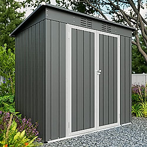 Hootata 6' × 4' Metal Outdoor Storage Shed with Door & Lock, Galvanized Waterproof Garden Storage Tool Shed with Base Frame for Backyard Patio, Grey