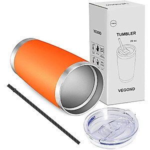 VEGOND 20oz Tumbler with Lid and Straw Stainless Steel Tumbler Cup Vacuum Insulated Double Wall Travel Coffee Mug Powder Coated Coffee Cup(Orange 1 Pack)
