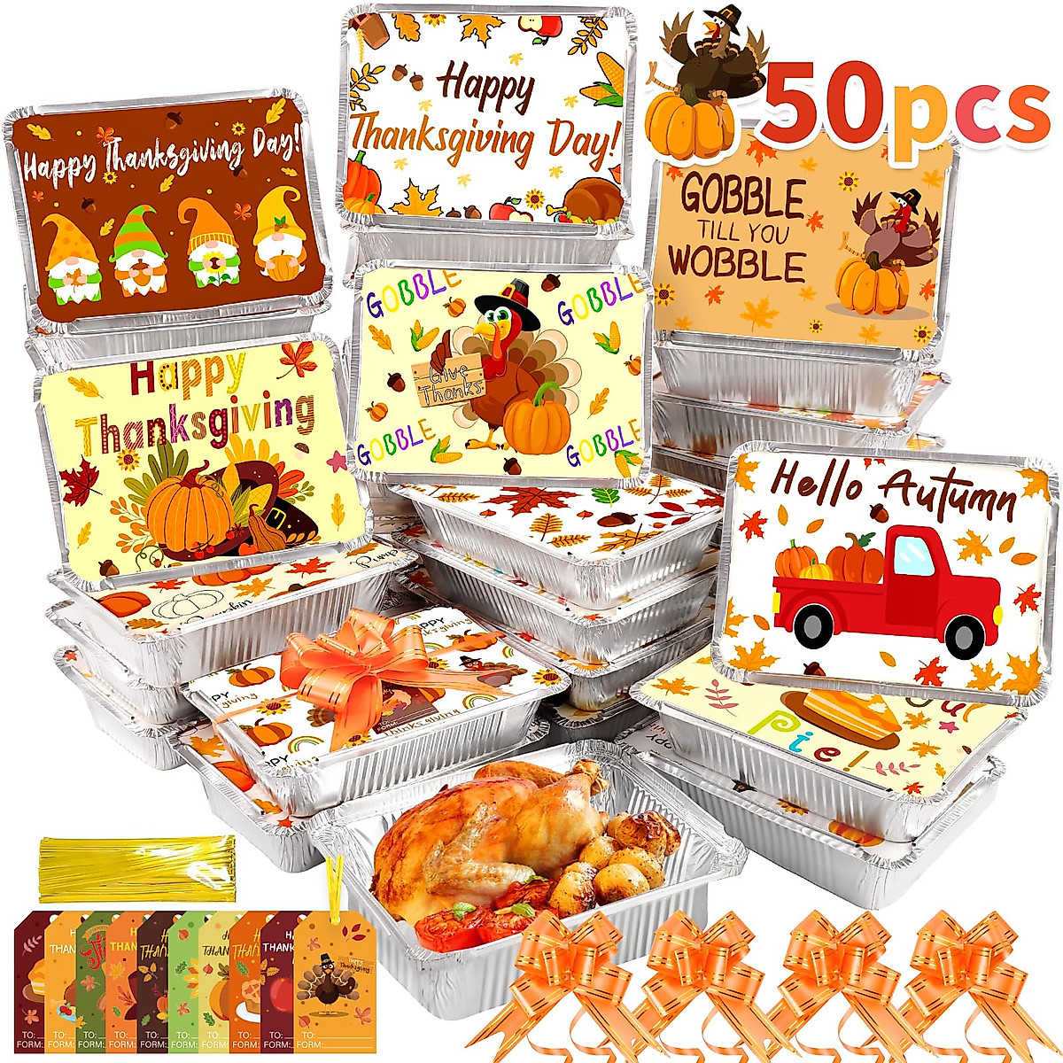 Natonhi 50PCS Fall Thanksgiving Leftover Containers with Lids, Thanksgiving To Go Containers Disposable Aluminum Foil Food Storage for Friendsgiving Party Thanksgiving Table Decorations