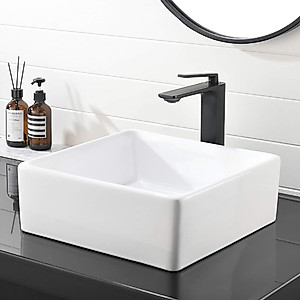 SOMRXO Bathroom Vessel Sink Square Vessel Sink For Bathroom 15"X15" Above Counter Bathroom Sink White Porcelain Ceramic Bathroom Vessel Sink Vanity Sink Art Basin