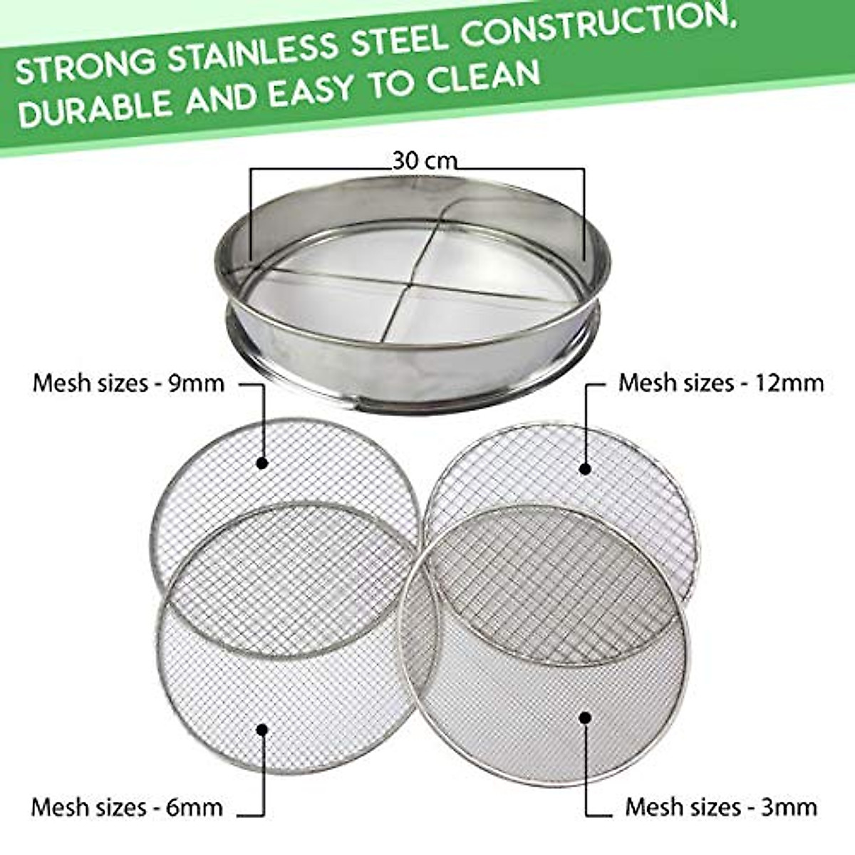 Practicool Garden Potting Mesh Sieve - Sifting Pan - Stainless Steel Riddle - Mix Soil Filter - with 4 Interchangeable Mesh Sizes - 3, 6 , 9, 12mm