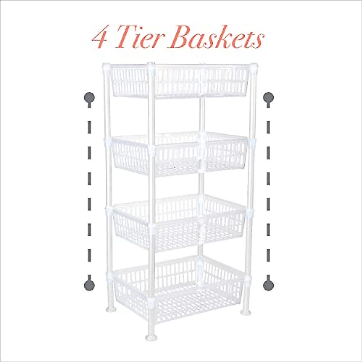 Kitchen Details 4 Tier Slim Basket Shelf Rack | Storage & Organizer | Kitchen | Bathroom | Laundry Room | Office | Good for Food and Kitchen Supplies | White