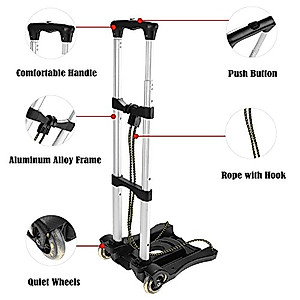 Kemanner Lightweight Folding Hand Truck Portable Luggage Cart with Wheels & Bungee Cord for Personal, Moving, Travel and Shopping Use - Support 80lbs Capacity (Black)