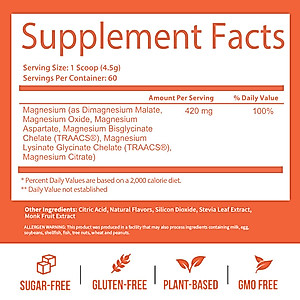 GoBiotix Magnesium Glycinate Powder - Magnesium Complex Supplement with Citrate, Malate, and Glutamine Chelate - Sugar Free, Non GMO - 420 mg per Serving - 60 Servings per Tub - Peach Tea