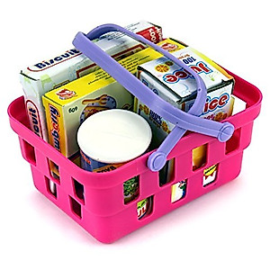 Prextex Grocery Store Pretend Play Electronic Toy Kids Cash Register Set - STEM Cash Register for Kids with Microphone, Play Money, and Food Basket - Kids Checkout Register with Scanner- Pink