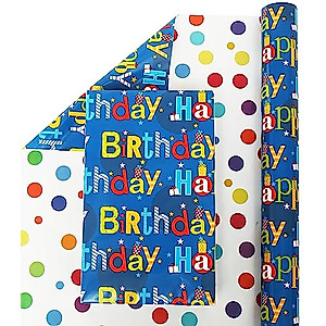 U'COVER Reversible Happy Birthday Wrapping Paper Roll for Kids Boys Girls - Birthday Greeting,Polka Dots Design Gift Wrapping Paper for Women Men Baby Shower Holiday 17.7inch×394inch Single Rolls