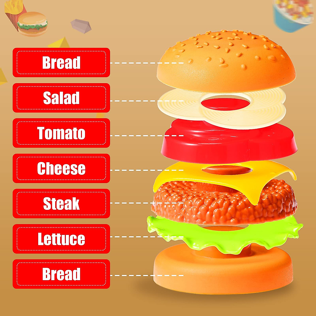 Zomiboo Pretend Play Food Toy Set for Kid Kitchen, Fake Food Plastic Burgers Sandwich Toys Pretend Food Playset Preschool Role Play Kitchen Restaurant Sets Christmas Birthday Gift for Girls Boys