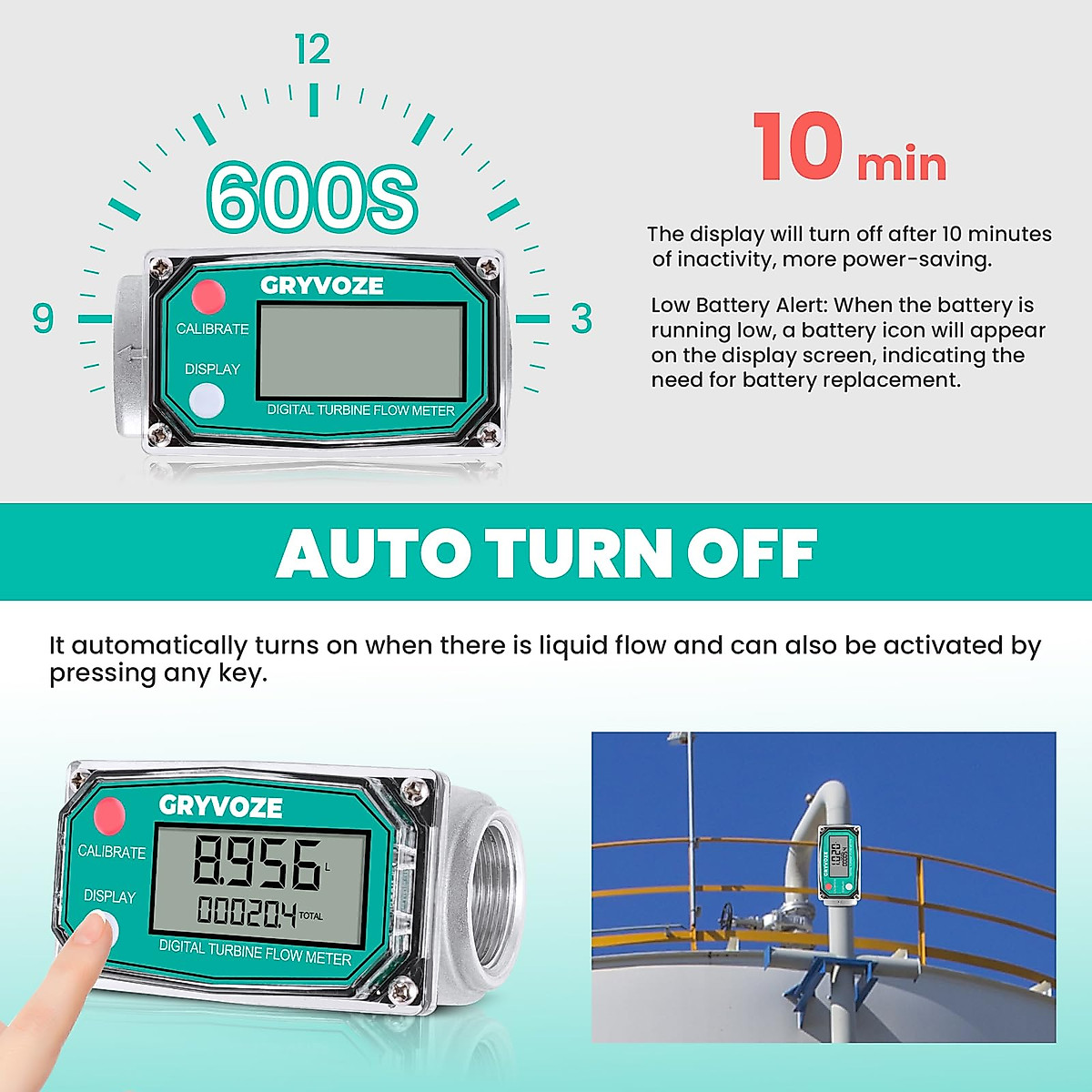GRYVOZE 1 Inch Digital Turbine Fuel Flow Meter, 2.6-26 GPM Inline NPT Thread Flowmeter with 3/4 in Adapters for Water, Diesel, Gas Oil, Gasoline, and Other Liquids - Supports Gallon, QTS, PTS, L, m³