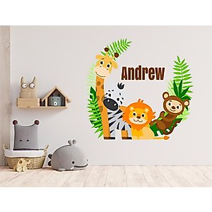 Jungle Animals Custom Name Wall Decal - Baby Safari Animals Series Theme Wall Art Decal - Wall Decal for Nursery Bedroom playroom Decoration (Wide 15"x13" Height)