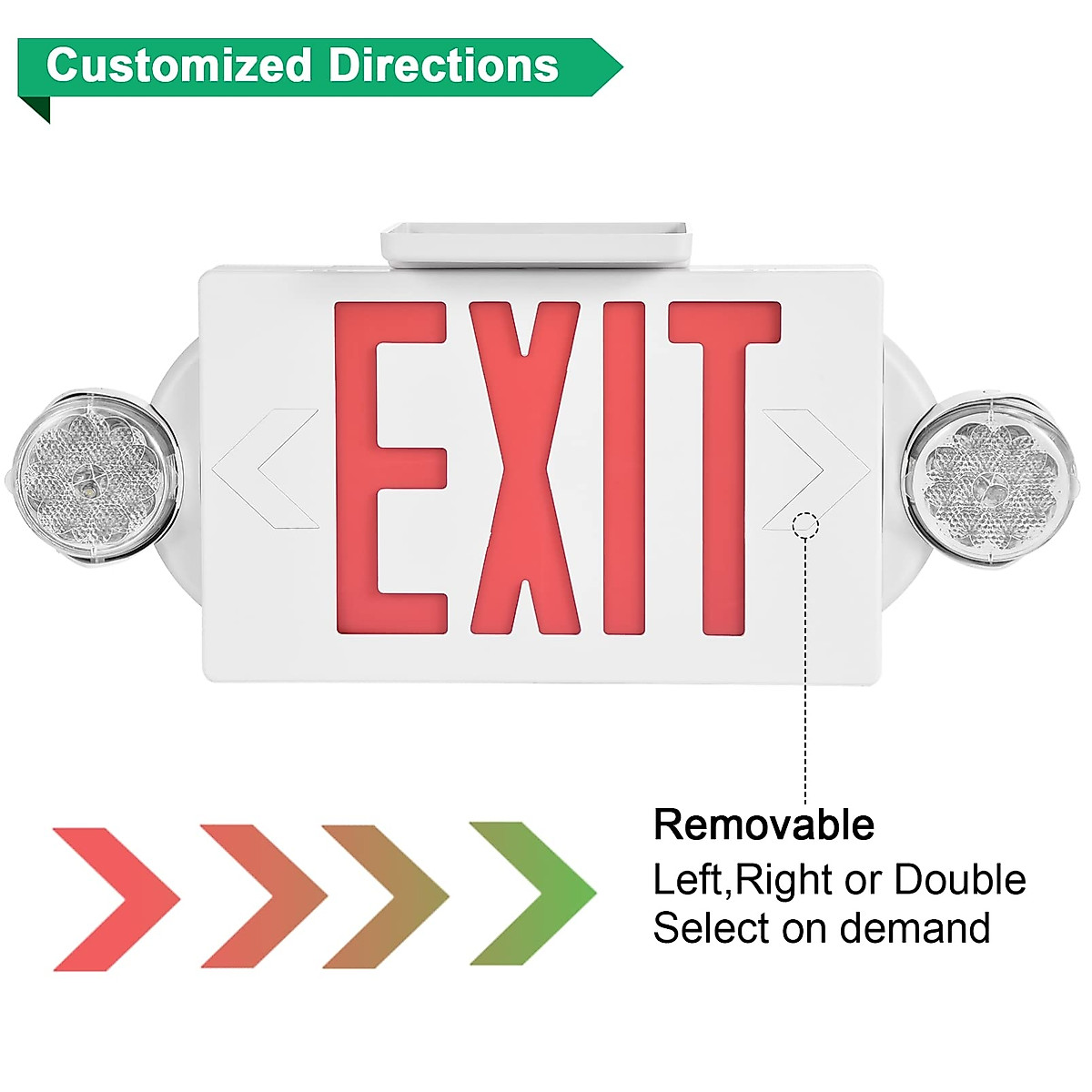 Red Exit Sign with Emergency Lights, 110-277V Double Sided LED Combo Emergency Light with 2 Rotating Flood Lights, Fire Resistant, UL Certified, Exit Sign with Battery Backup for Business