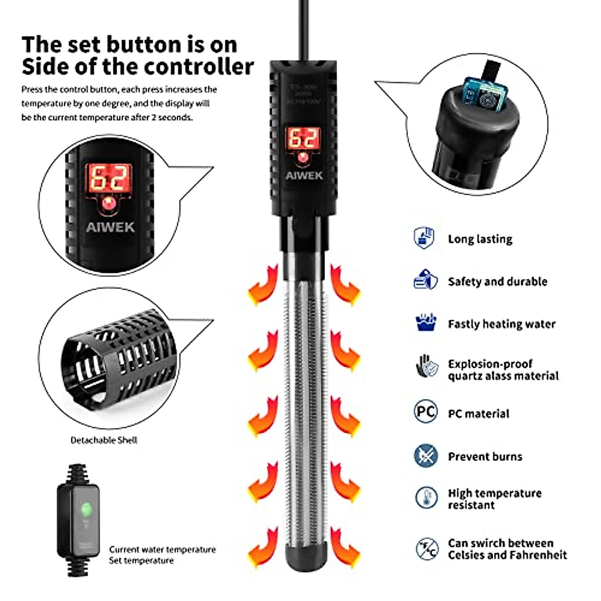 Aquarium Heater 300W Upgraded Fish Tank Heater With Leaving Water Automatically Stop Heating And Advanced Temperature Control System, Suitable For Saltwater And Freshwater 20 Gallons to 60 Gallons