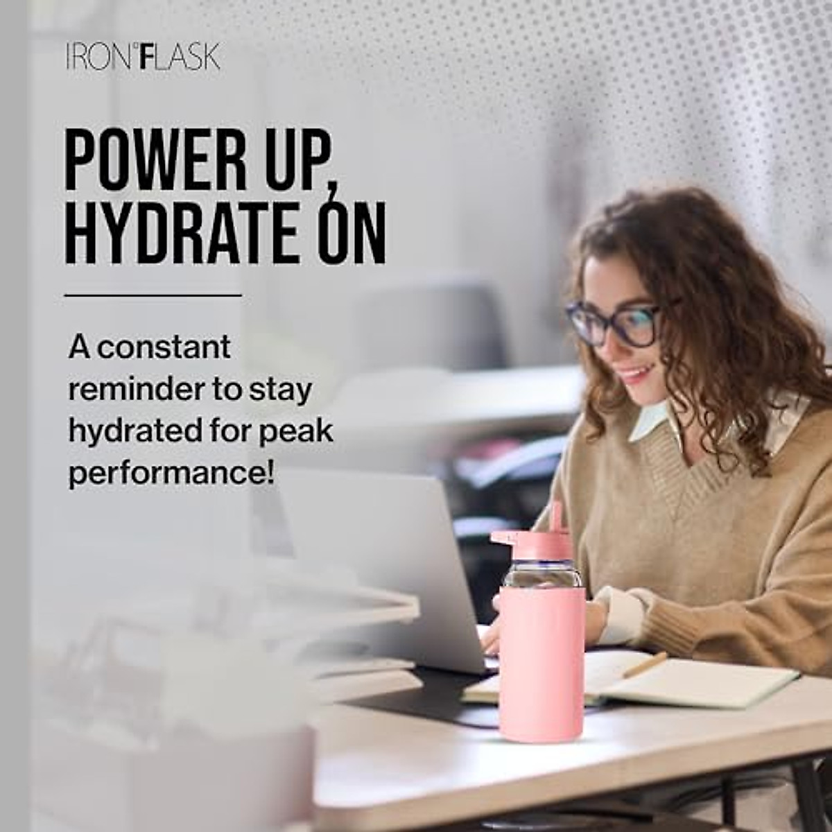 IRON °FLASK Glass Sports Water Bottle - Straw Lid, Airtight Leak Proof, Vacuum Insulated, Bosilicate Glass, Silicone Sleeve, Retains Temperature - Rose, 32 Oz