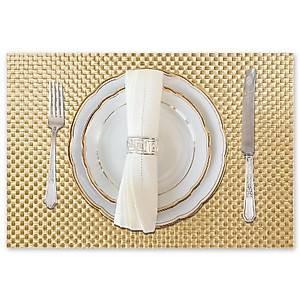 EDanle Vinyl Plastic Placemats Set of 6 Washable Heat Resistant Non-Slip Elegant Indoor&Outdoor Kitchen Dining PVC Woven Table Place Mats (Gold Weaving)