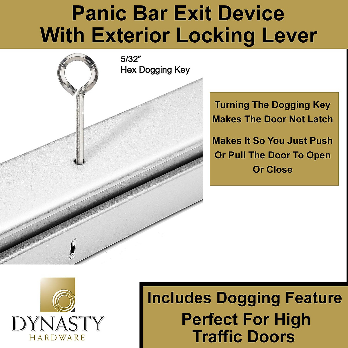 Dynasty Hardware Push Bar Panic Exit Device Aluminum, with Exterior Lever