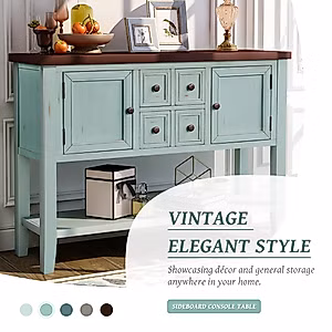 AnwickNomo Sofa Tables Narrow Long,Retro Wood Console Table with 4 Drawers and Bottom Shelf,Rustic Entryway Table, Sideboard Table with Storage (Retro Blue)