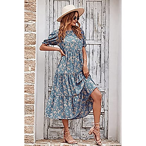 PRETTYGARDEN Women's Summer Casual Boho Dress Floral Print Ruffle Puff Sleeve High Waist Midi Beach Dresses (Blue Apricot,Medium)