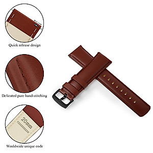 RBIPO 20mm Leather Watch Band Quick Release Strap for Men and Women, Compatible with Timex Fossil Samsung Seiko Citizen