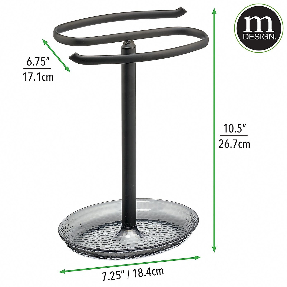 mDesign Steel Fingertip Towel Rack Stand with Base Tray - Towel Holder, Towel Bar for Bathroom, Kitchen, Powder Room - Holds Hand Towel, Washcloths - Rain Collection - Black