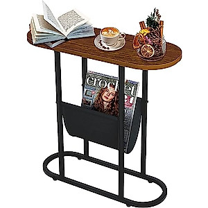 graffitimaster Oval Narrow Side Table with Magazine Sling Holder Pouch, Slim End Table with Metal Frame for Living Room Bedside Bedroom Couch Small Spaces, Retro Wood Grain Finish