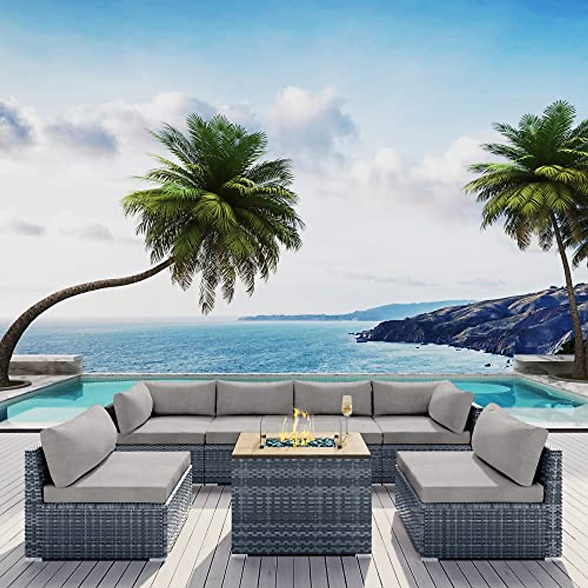 MODENZI Outdoor Sectional Patio Furniture Set with Propane Fire Pit Table Grey Resin Wicker Phoenix Collection Sofa Set (Light Grey)