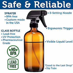 Sally's Organics Empty Amber Glass Spray Bottle - Large 16 oz Refillable Container for Essential Oils, Cleaning Products, or Aromatherapy - Black Trigger Sprayer w/Mist and Stream Settings - 6 Pack