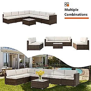 HOMPUS 8-Piece Outdoor Handwoven PE Rattan Wicker L-Shaped Corner Conversation Set Furniture Brown Patio Sectional Sofa Set w Beige Seat Cushions, Glass Coffee Table for Garden,Backyard,Pool