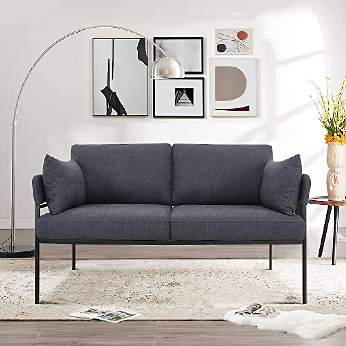 JULYFOX 59 in Wide Sofa Gray, Overstuffed Linen Fabric Couch Metal Frame 400 lbs Heavy Duty Tufted Loveseat Sofa for Small Spaces 2 Toss Pillows Included