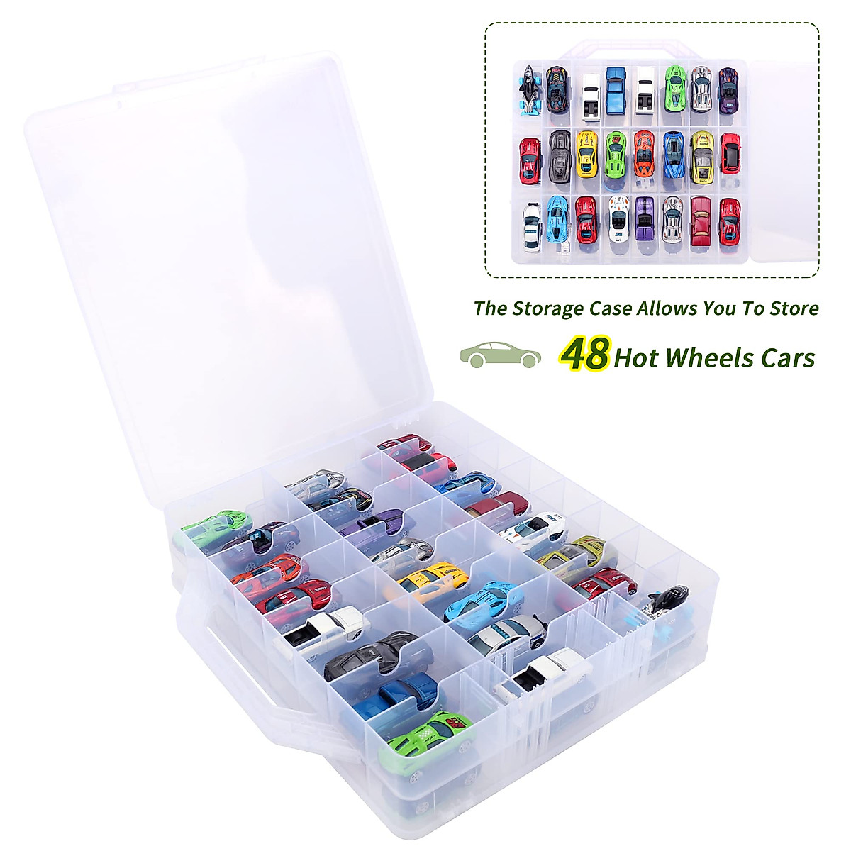 KISLANE Double Sided Toy Car Storage Case for 48 Toy Cars, Matchbox Cars, Mini Toys, Small Dolls, Portable Transparent Storage Case for Toy Cars, Matchbox Cars with 48 Compartments, Case Only