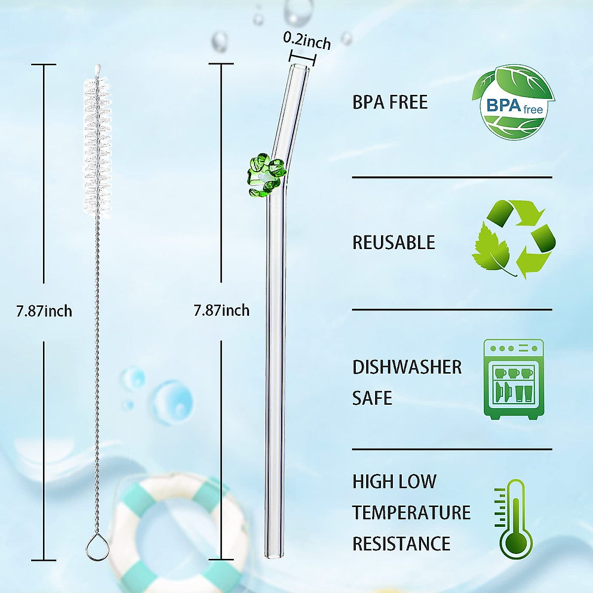 Kleeblatt Reusable Glass Straws Shatter Resistant, 10 Pcs Cute Clear Smoothie Glass Straws with Design, 8mm * 7.9inch Glass Straws Drinking for Smoothies Cocktail Juice Shakes Beverages