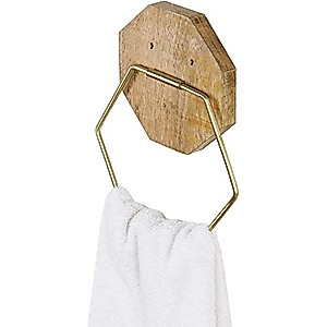 MyGift Brass Tone Metal Hexagon Wall Mounted Bathroom Hand Towel Ring with Mango Wood Geometric Backing - Handcrafted in India