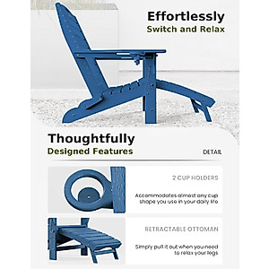 Ciokea Folding Adirondack Chair with Retractable Ottoman Fire Pit Patio Chair with Pull Out Foot Rest Weather Resistant Lawn Outdoor Lounge Chair with 2 Cup Holder (Navy Blue)