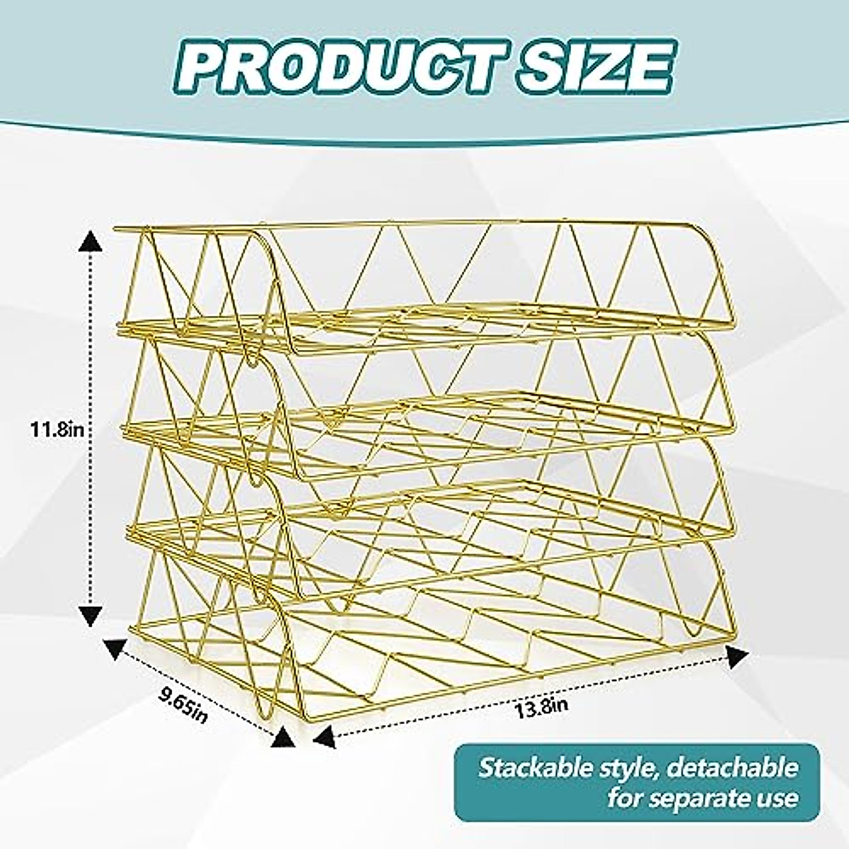 Yeaqee 4 Tier Stackable Paper Tray Gold Desk Organizer Rack Metal Letter Desk File Organizer Horizontal Holder File Trays for Desk Office Desktop School Supplies and Accessories