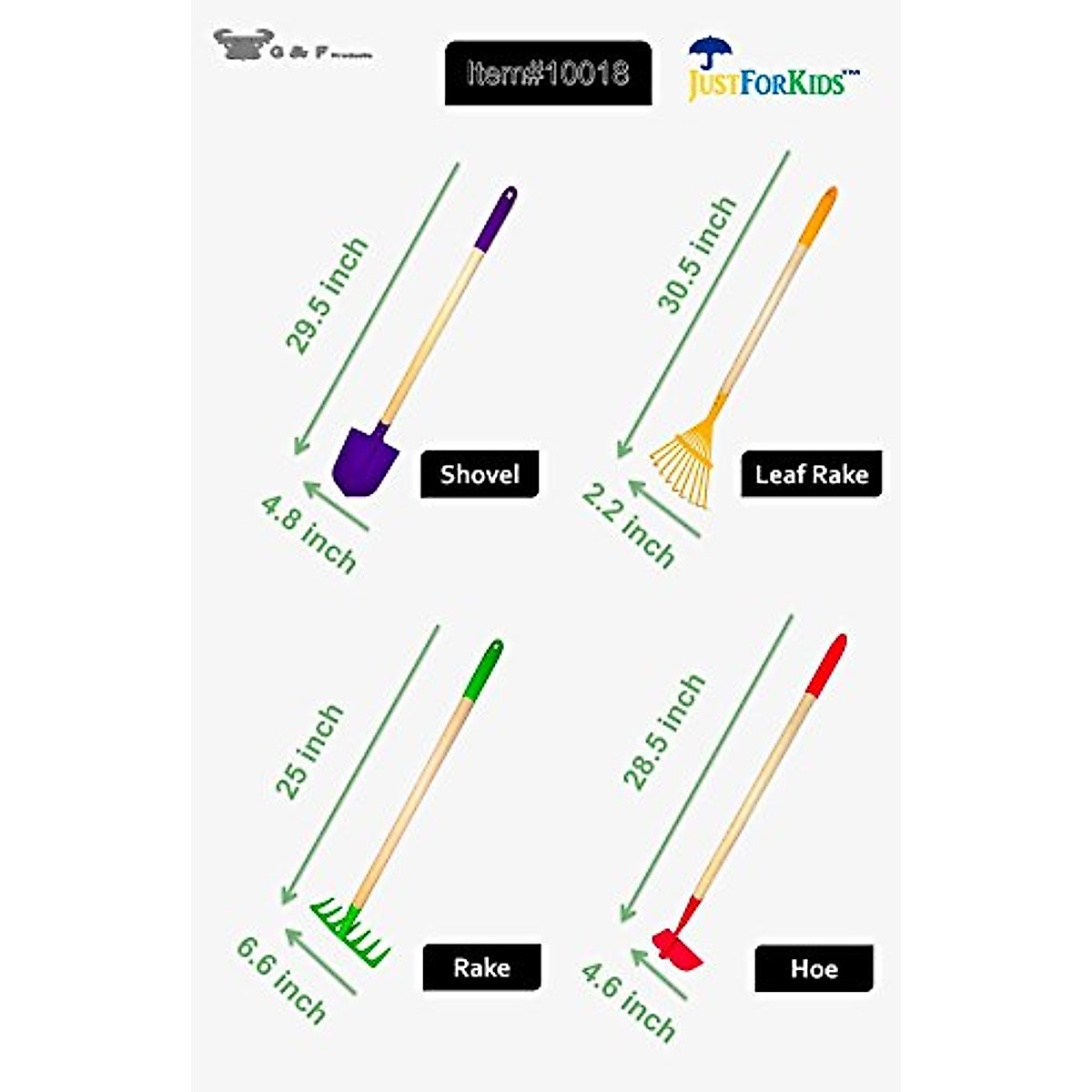 JustForKids Kids Garden Tool Set Toy, Rake, Spade, Hoe and Leaf Rake, reduced size , made of sturdy steel heads and real wood handle, 4-Piece, Multicolored, 5yr+