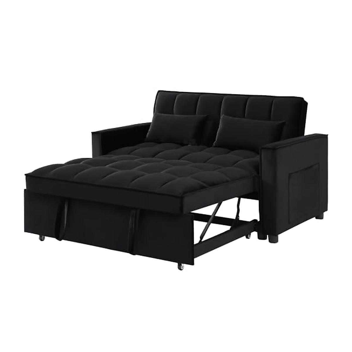 3 in 1 Convertible Sleeper Sofa Bed ,Modern Futon Loveseat Couch Pullout Bed, Velvet Upholstered Small Love Seat Lounge w/Reclining Backrest, Toss Pillows, Pockets, Furniture for Living Room Office