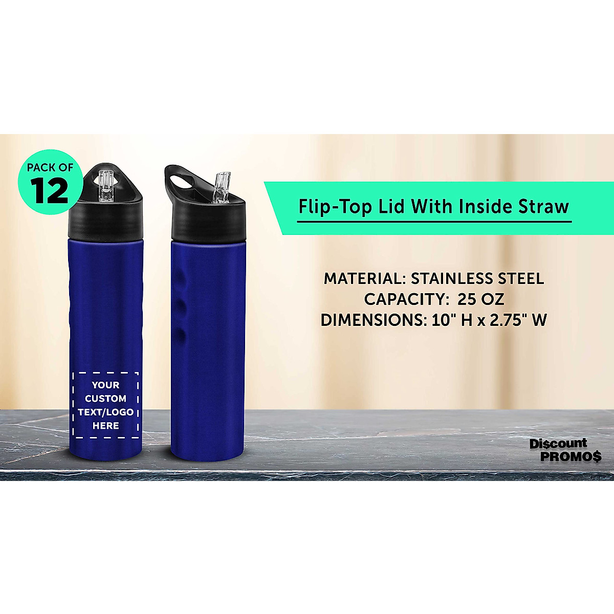 DISCOUNT PROMOS Custom Slim Stainless Steel Water Bottles 25 oz, 12 pack, Personalized Text, Logo, Reusable Gym Sports Bulk Pack, Blue