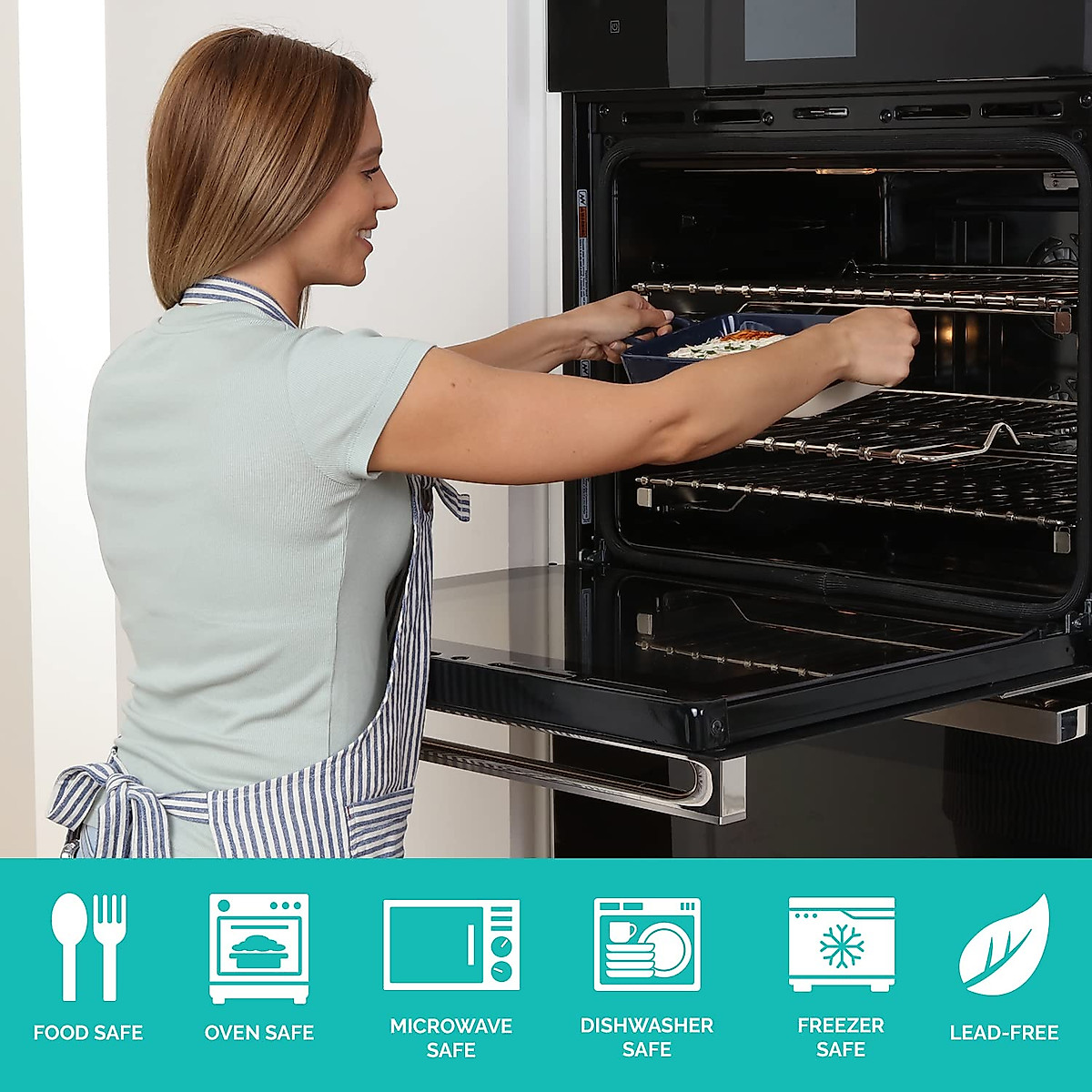 Casserole Dish Set - 3 Ceramic Baking Dishes for Oven with Silicone Oven Mitt - Rectangular Bakeware is Microwave, Freezer and Dishwasher Safe - Cooks Evenly and Saves Space with Nesting Design