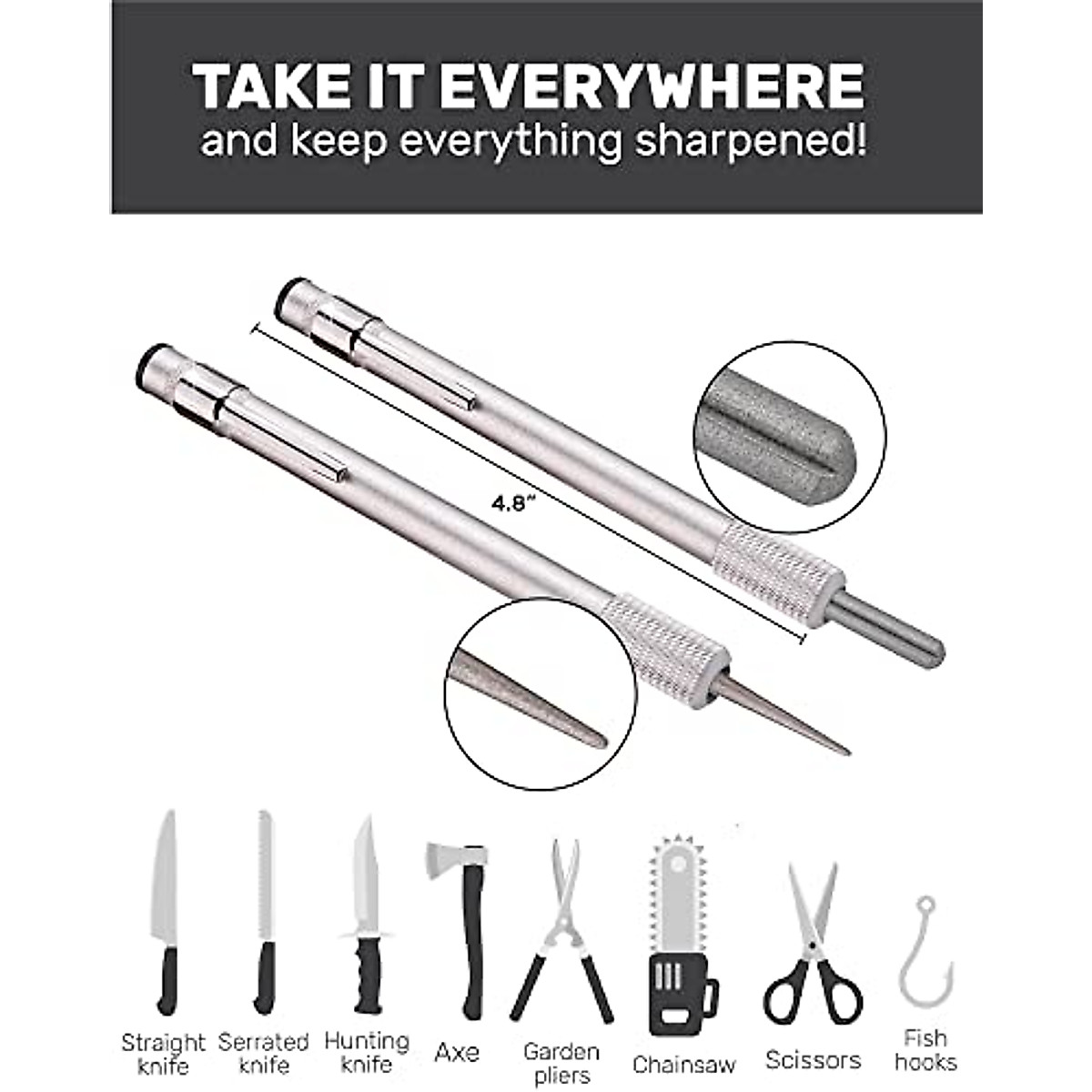 Wamery Serrated Knife Sharpener with Retractable Diamond Sharpening Rod. Repairs, Restores, Polishes Serrated or Straight Blade. Pocket Knife Sharpener