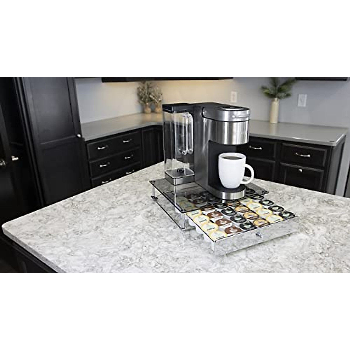 Nifty Rolling Coffee Pod Drawer - Glass Top & Chrome Finish, Compatible with K-Cups, 36 Pod Pack Holder, Compact Under Coffee Pot Storage Drawer, Slim Home Kitchen Counter Organizer