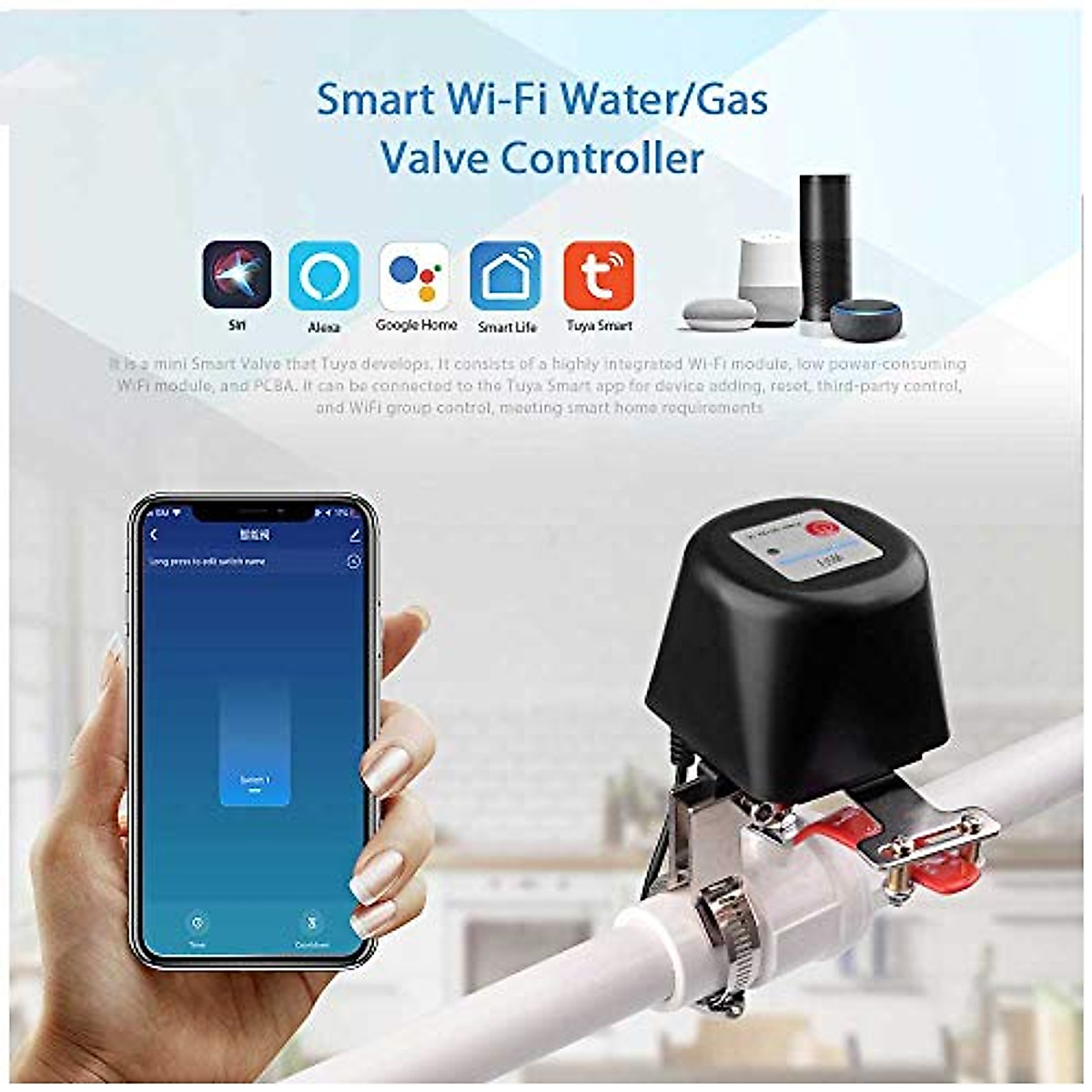Smart WiFi Water Gas Valve Wifi Control Water/Gas Shut Off APP Remote Voice Control Timing Controler Automatic Valve Timer Wifi Sprinkler Controller, Compatible with Alexa Google Assistant (EU)