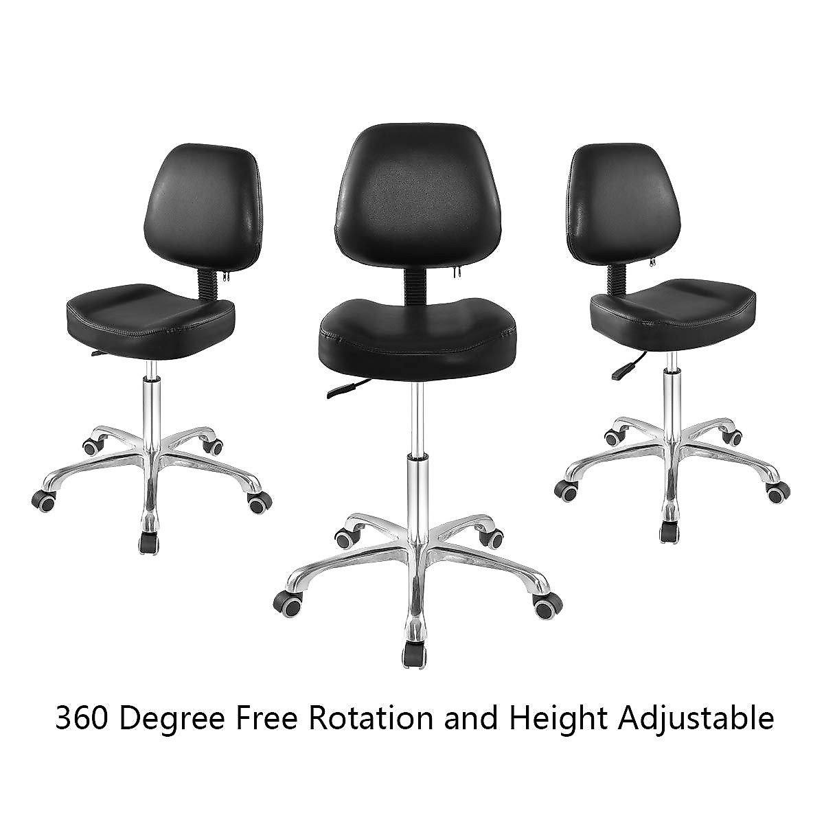 Grace&Grace Rolling Shop Stool Chair with Back Support for Drafting,Work,Studio,Workshop,Office,Rolling Vanity Chair with Wheels (Black, Without Foot Rest)