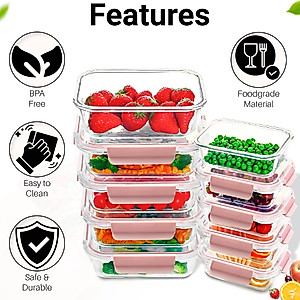 Glass Food Storage Containers 10 Packs - Eco Friendly Borosilicate Glass with BPA Free Locking Lids, Microwave Safe Prep Contaniers Set for Meal | Leakproof & Airtight Lunch Box for Kitchen (Pink)