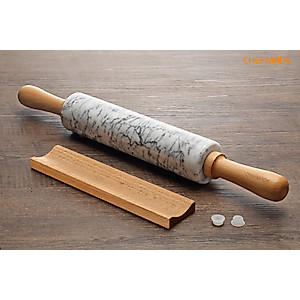 CHEFMADE 18-Inch Marble Rolling Pin with Wooden Handles and Cradle, Non-Stick (Gray and White)