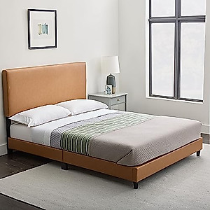Edenbrook Platform Bed with Headboard – No Box Spring Needed – Faux Leather Upholstered Platform Bed Frame – Low Profile, Queen, Camel